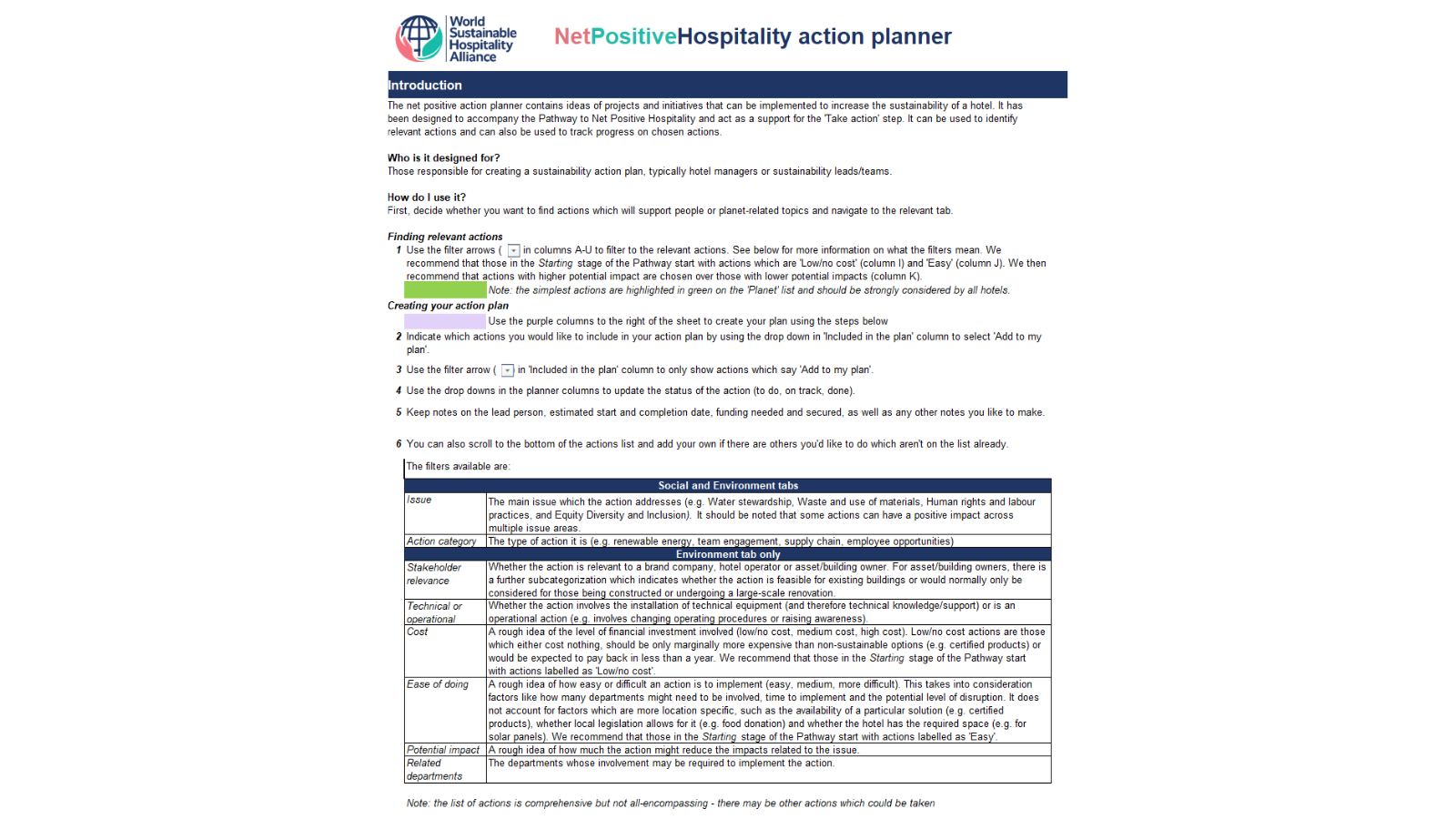 Net Positive action planner – World Sustainable Hospitality Alliance